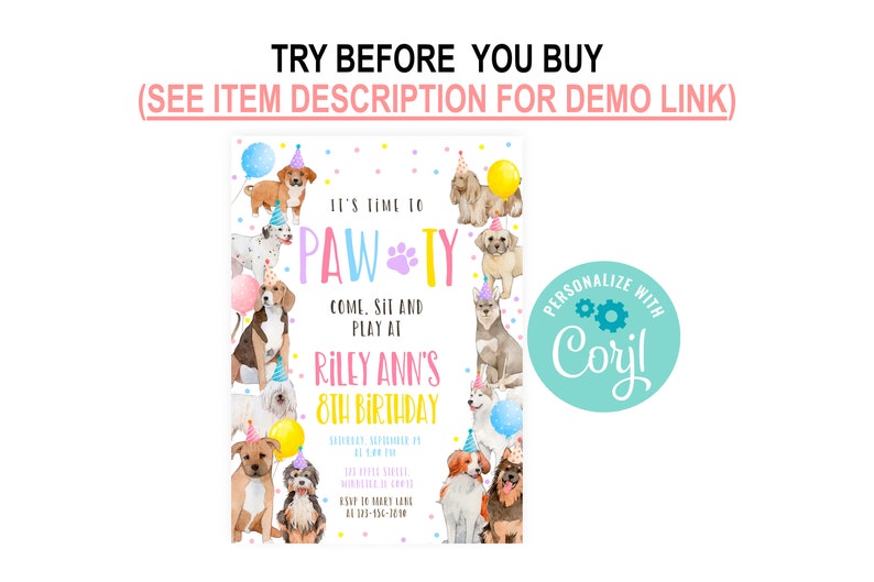 Editable Dogs Birthday Party Invitation Puppy Pawty Invite Dog Shelter ...