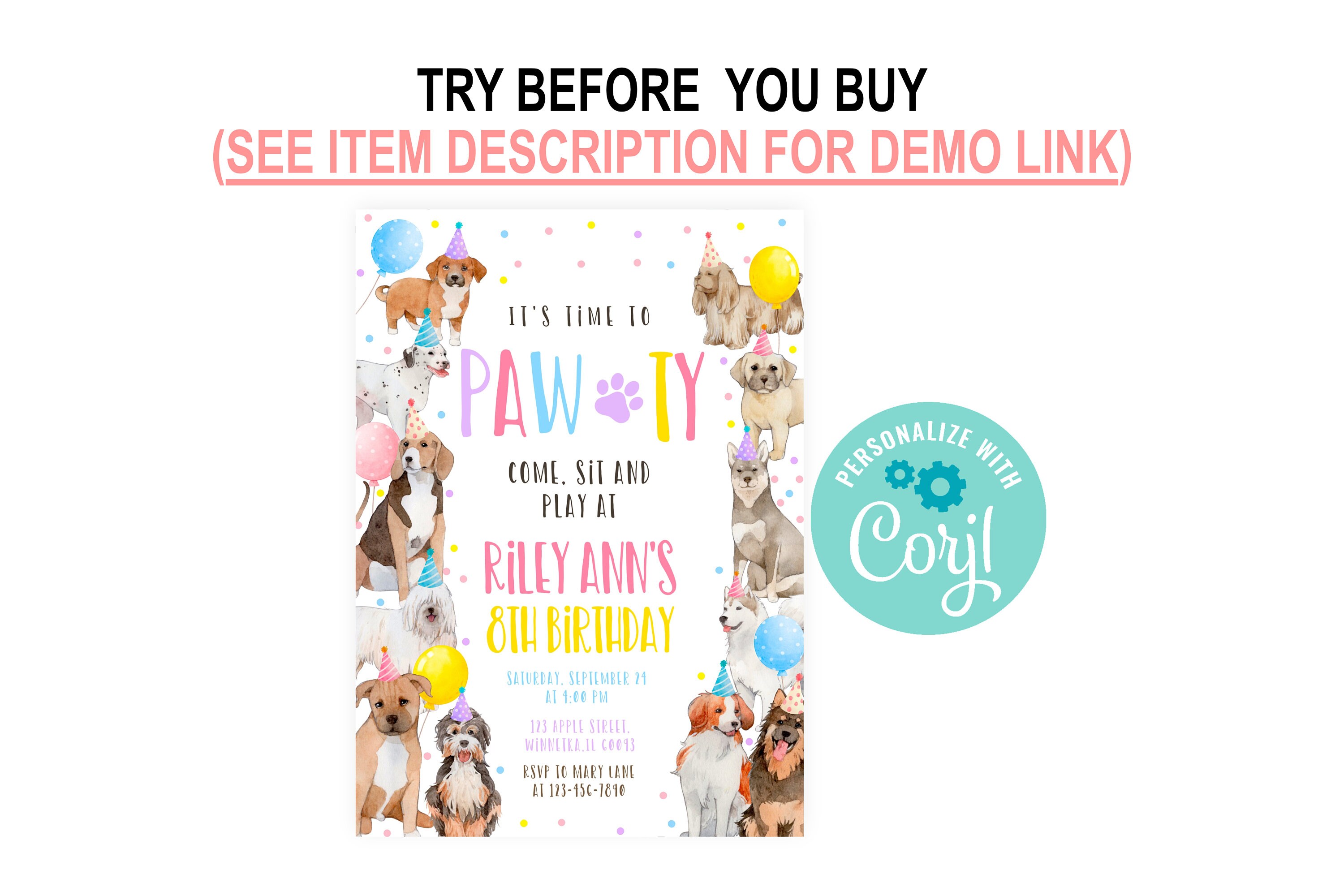 Editable Dogs Birthday Party Invitation Puppy Pawty Invite Dog Shelter ...