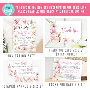 Editable Lily Baby Shower Invitation Bundle Template Girl Pink White ...