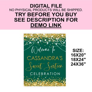 Editable Gold Green Welcome Sign Birthday Party Gold Glitter Welcome ...