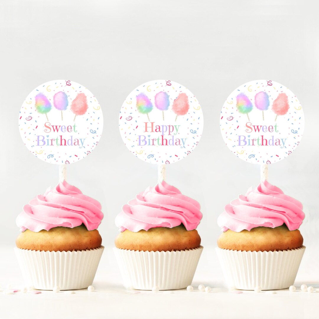 Cotton Candy Cupcake Toppers Birthday Favor Tags Digital Download ...