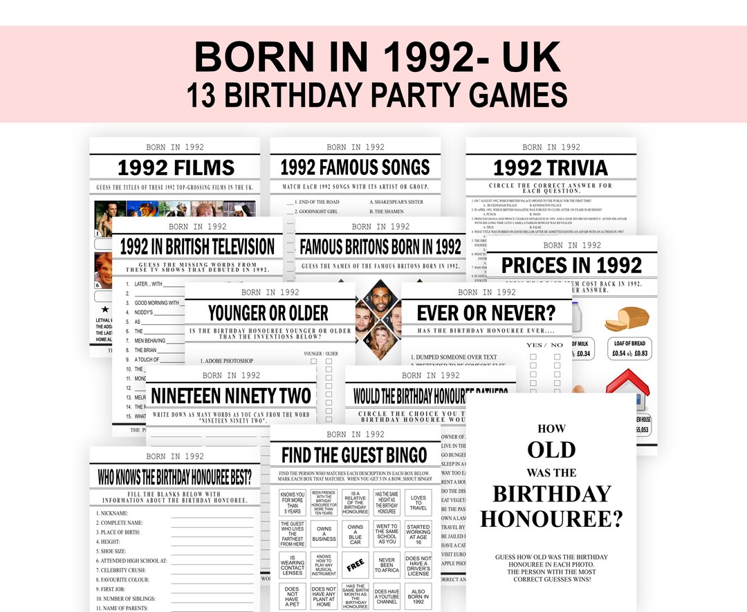 32nd Birthday Party Games Born in 1992 Birthday Games Bundle UK British ...