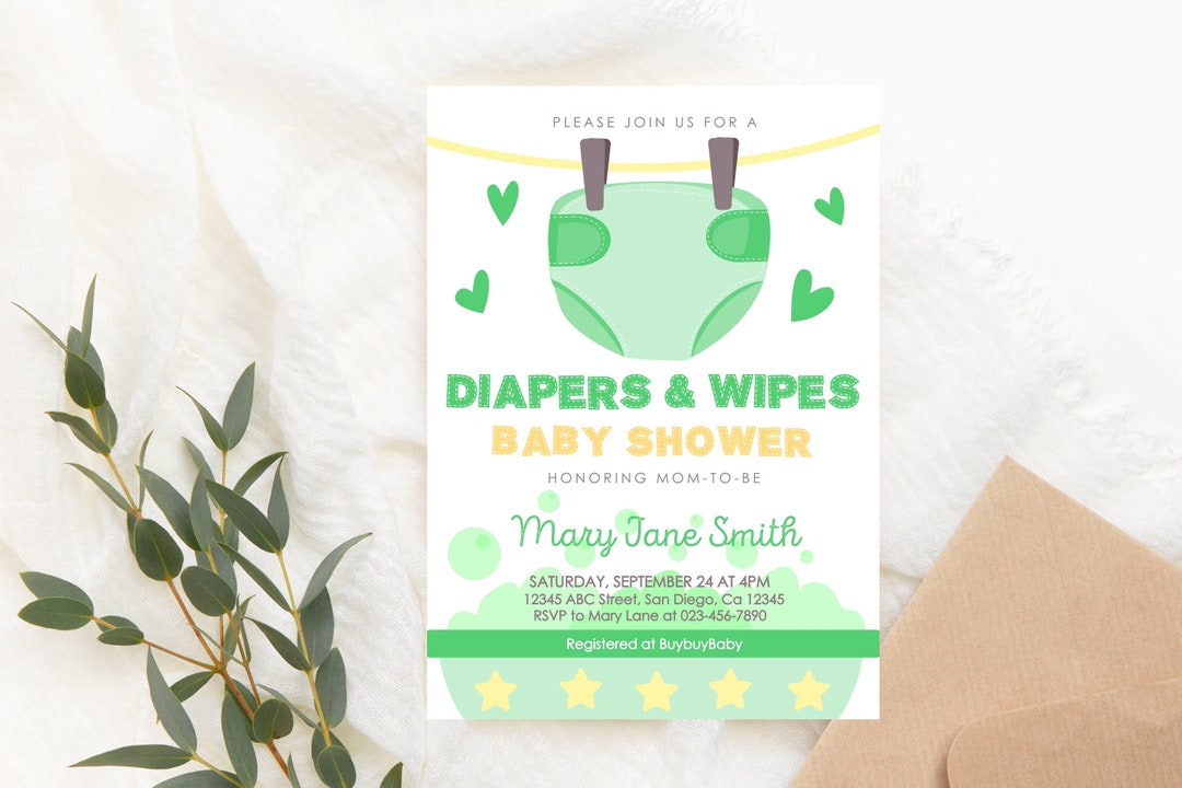 Green Diaper Baby Shower Invitation: Editable Corjl Template (digital ...