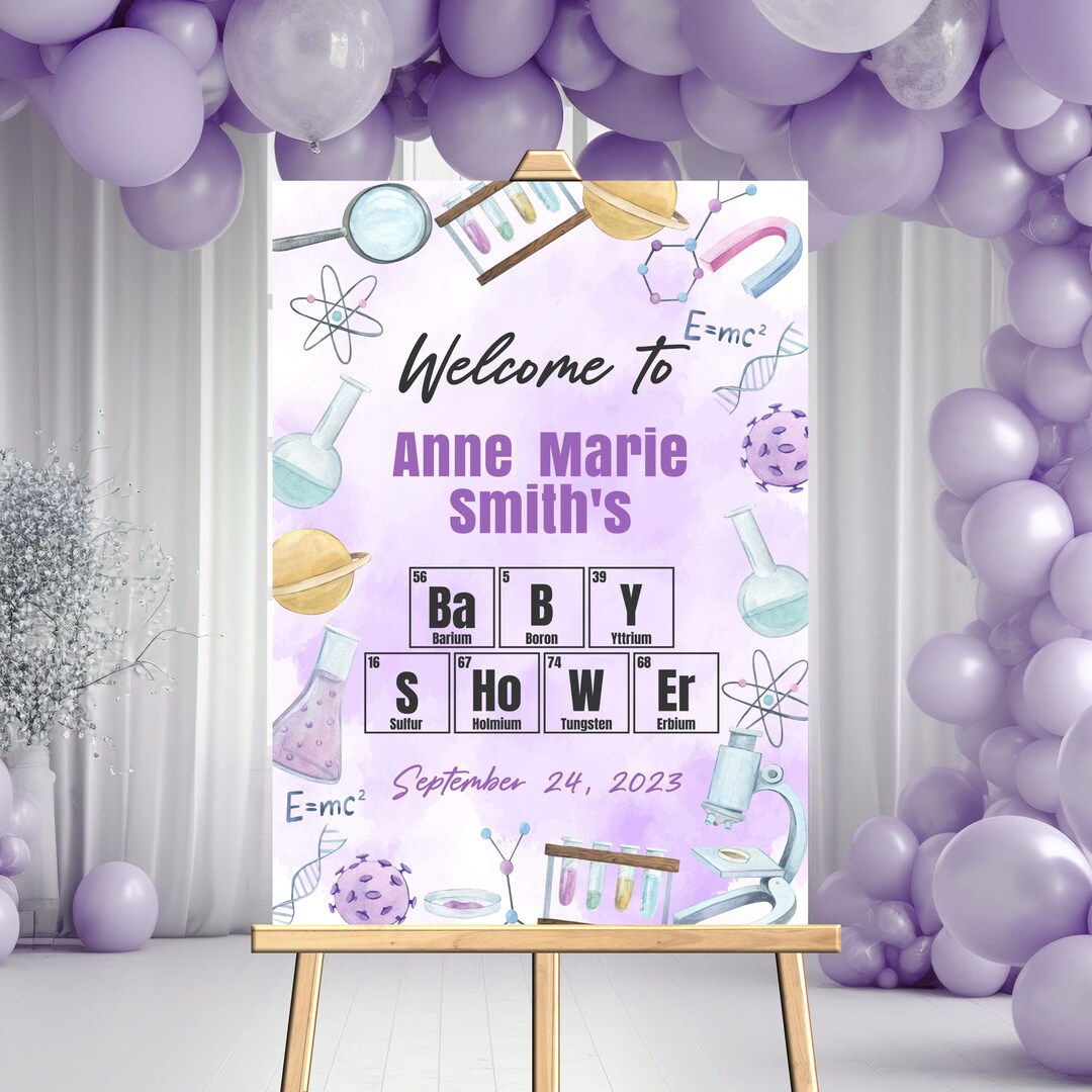 Science Welcome Sign, Editable Purple Science Theme Baby Shower Welcome ...