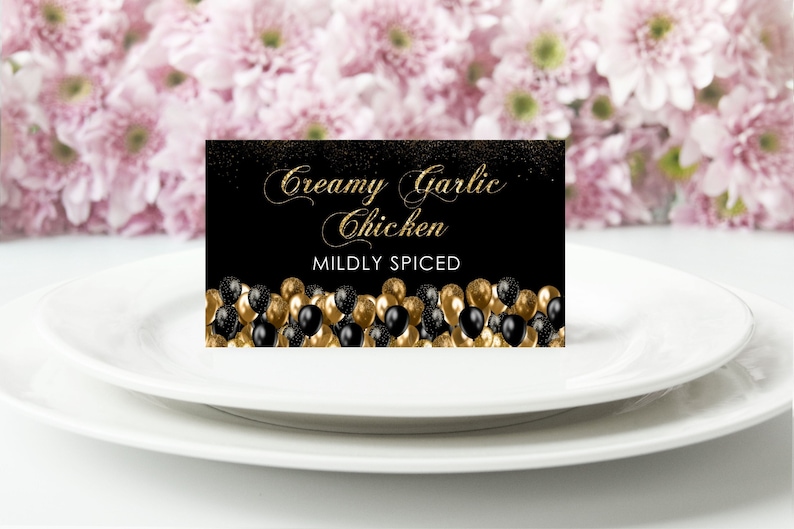 Editable Gold Black Tent Card Template, Food Label Table Card, Gold ...