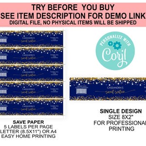 Editable Gold Blue Water Bottle Label Birthday Water Bottle Label Gold ...