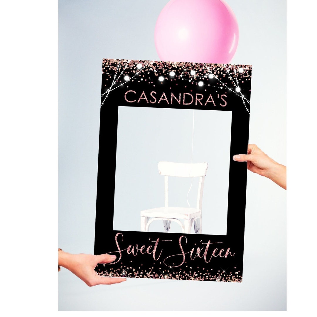 Editable Sweet Sixteen Photo Booth Frame Rose Gold Glitter Black Photo ...