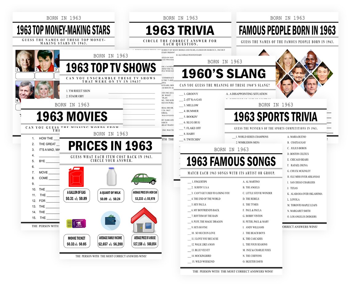 63rd Birthday Game Bundle, Born in 1963 Trivia, Fun Birthday Party Game ...