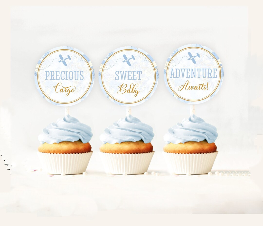 Editable Travel Cupcake Topper Blue World Map Baby Shower Favor Tags ...