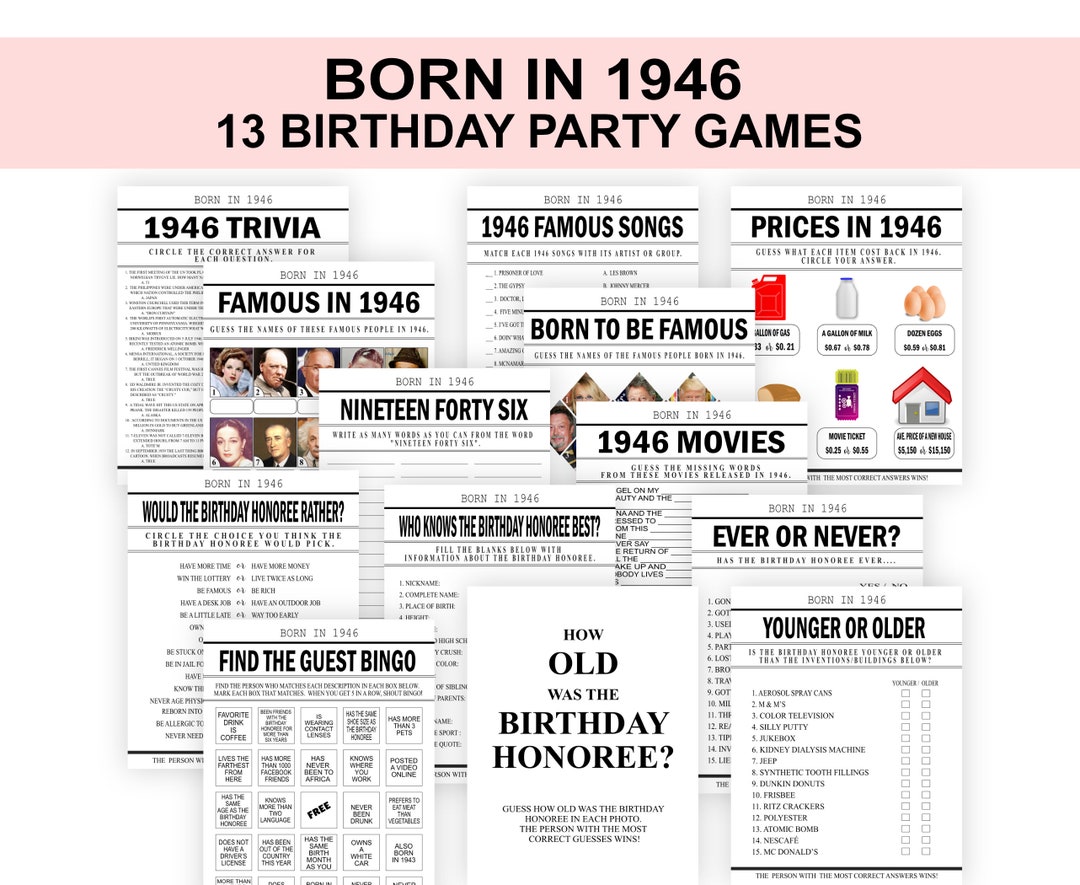78th Birthday Party Games Born in 1946 Birthday Games Bundle 1946 ...