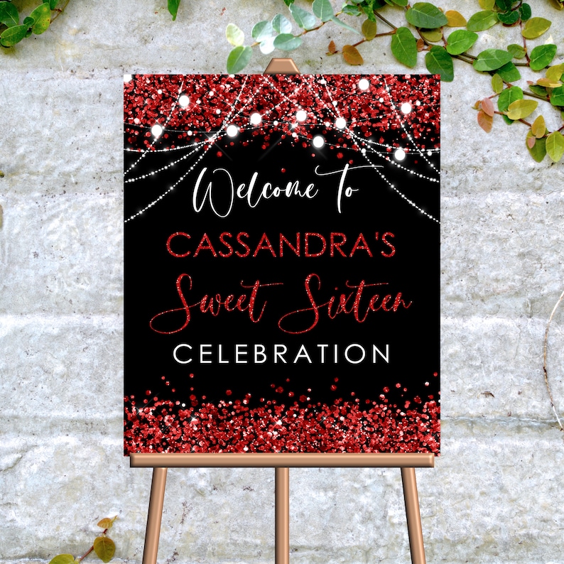 Editable Red Black Welcome Sign Birthday Party Red Glitter - Etsy