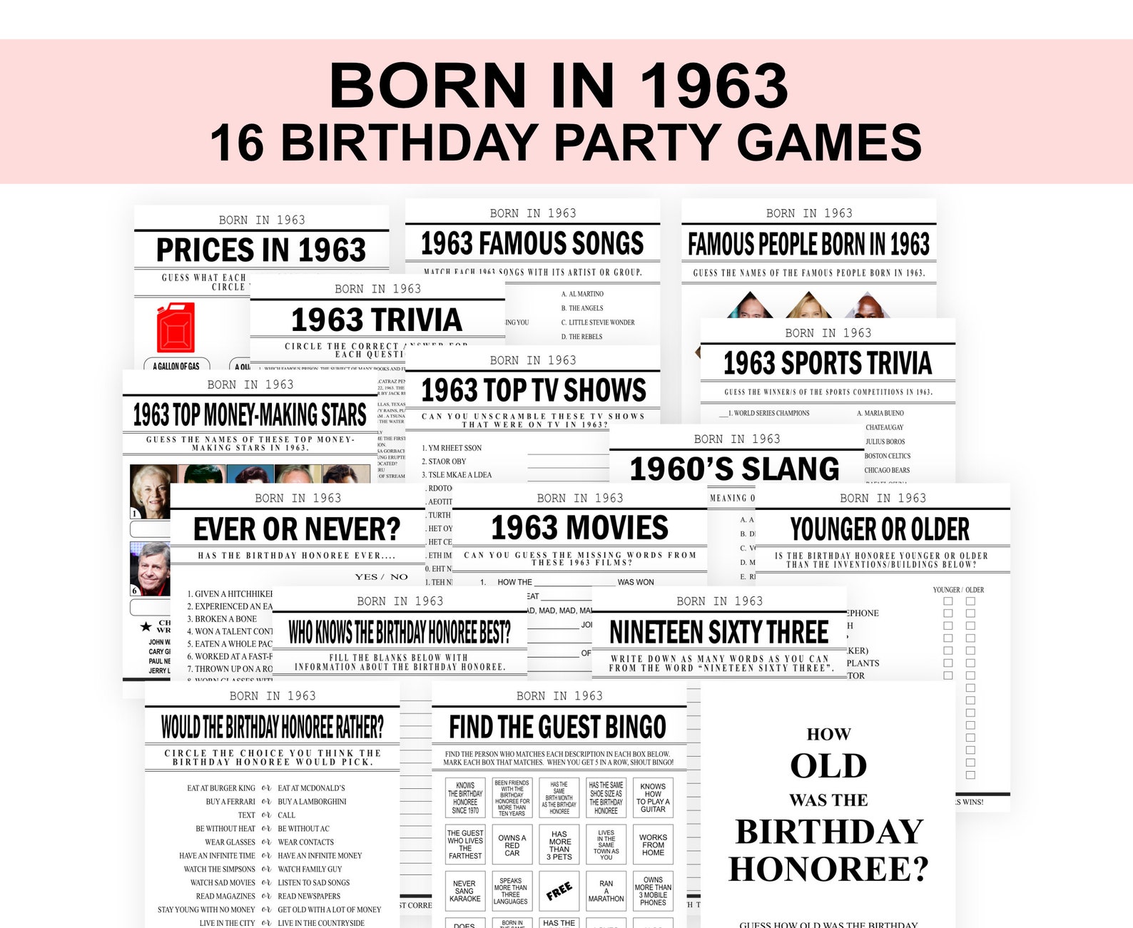 63rd Birthday Game Bundle, Born in 1963 Trivia, Fun Birthday Party Game ...