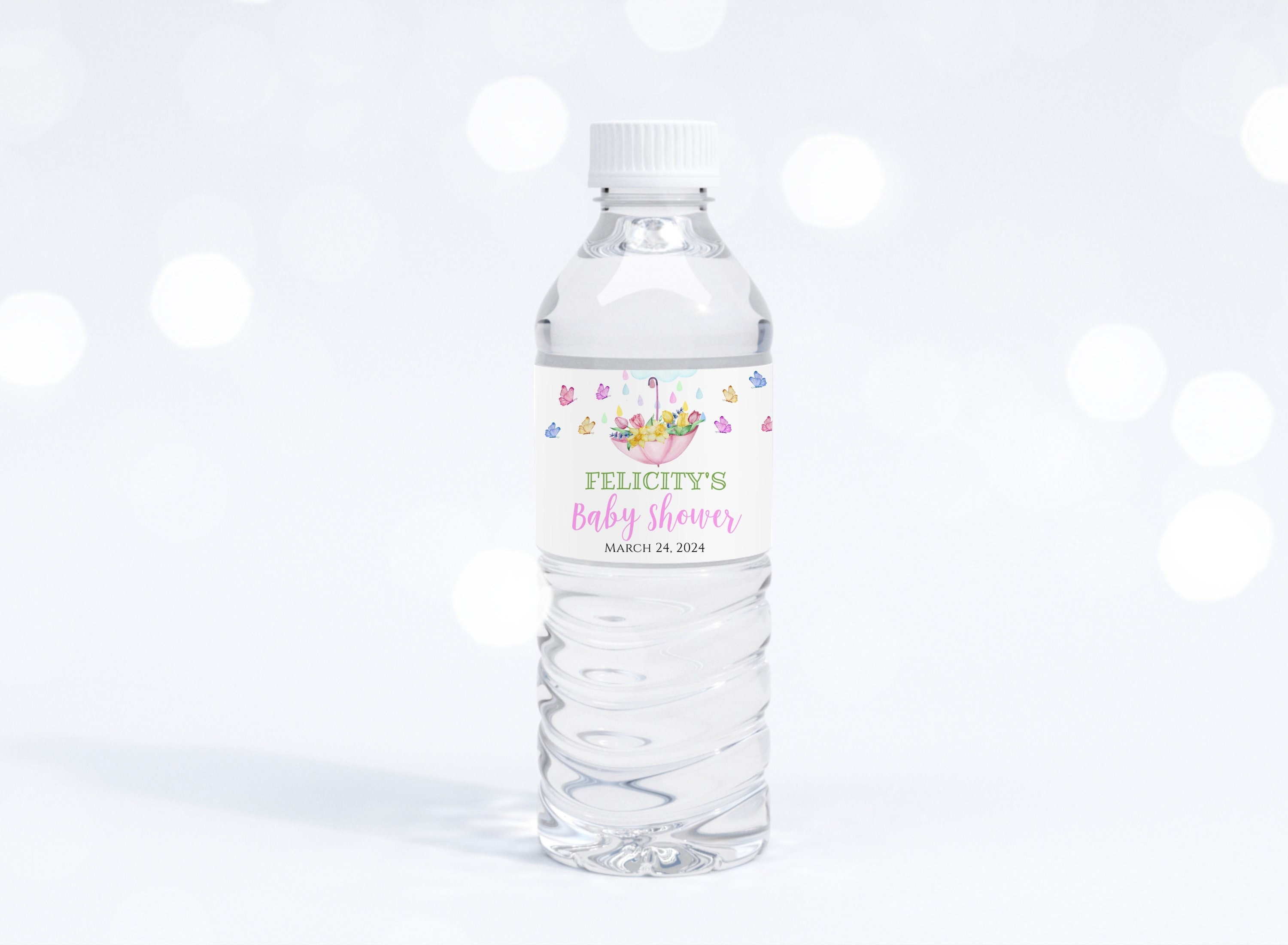 April Shower Water Bottle Label: Pink Flowers Baby Shower (printable ...