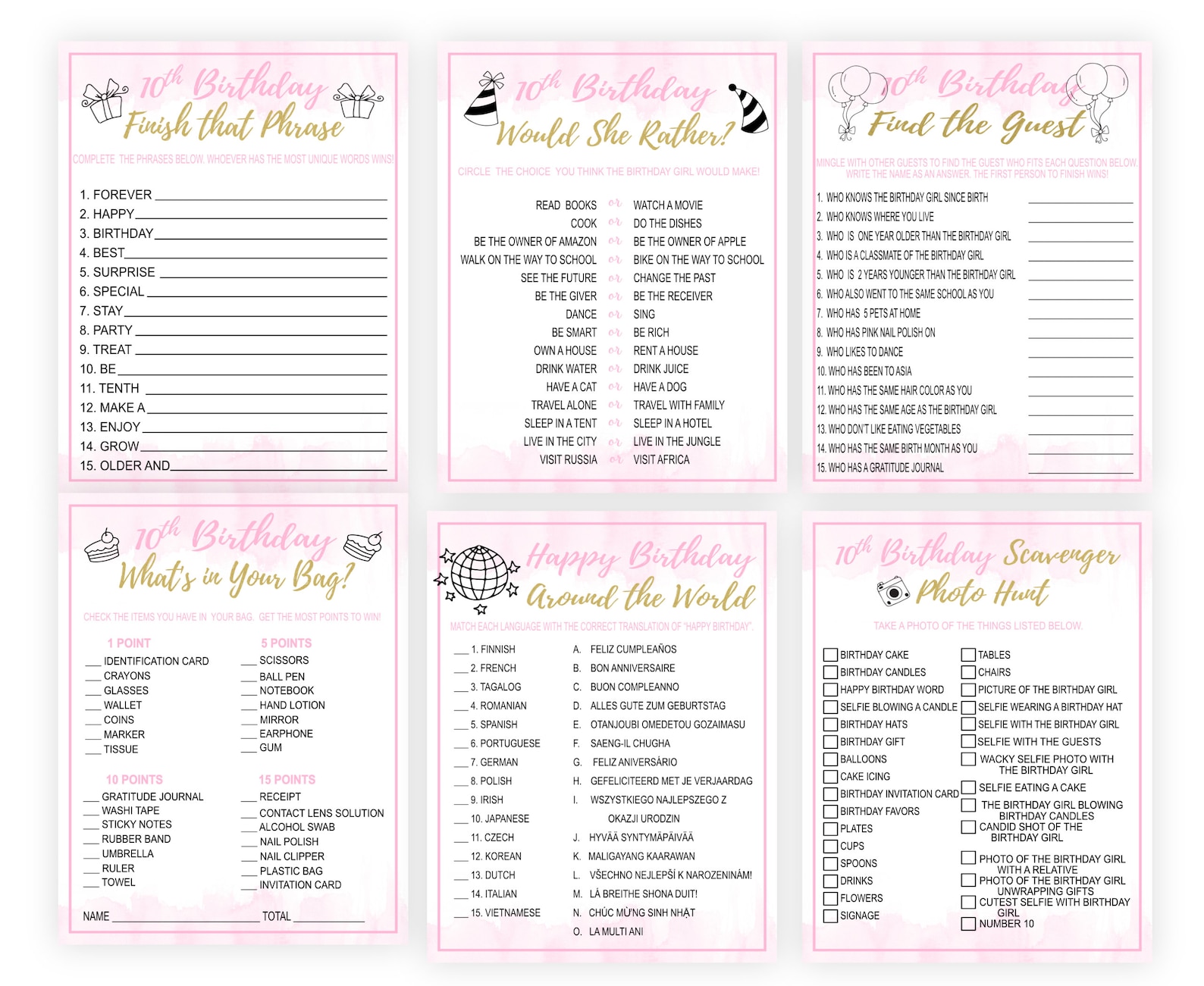 10th Birthday Party Games for Girls PRINTABLE Tenth Birthday | Etsy