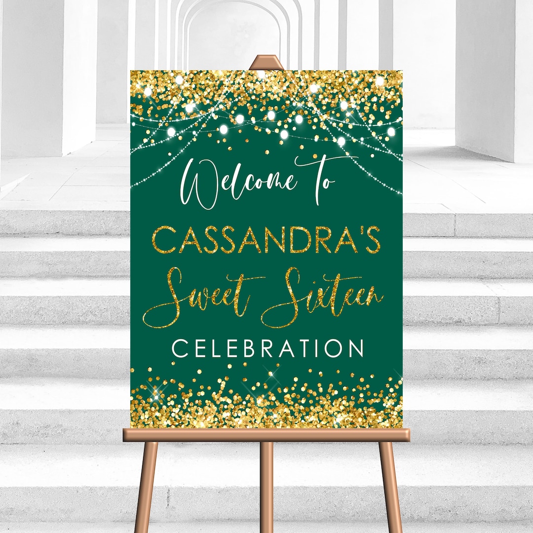Editable Gold Green Welcome Sign Birthday Party Gold Glitter Welcome ...