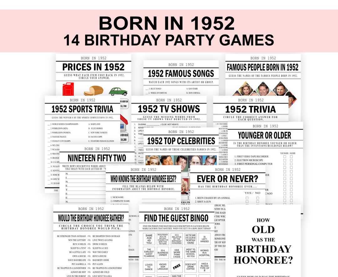 74th Birthday Games, Born in 1952 Birthday Games Bundle Pack, 1952 ...