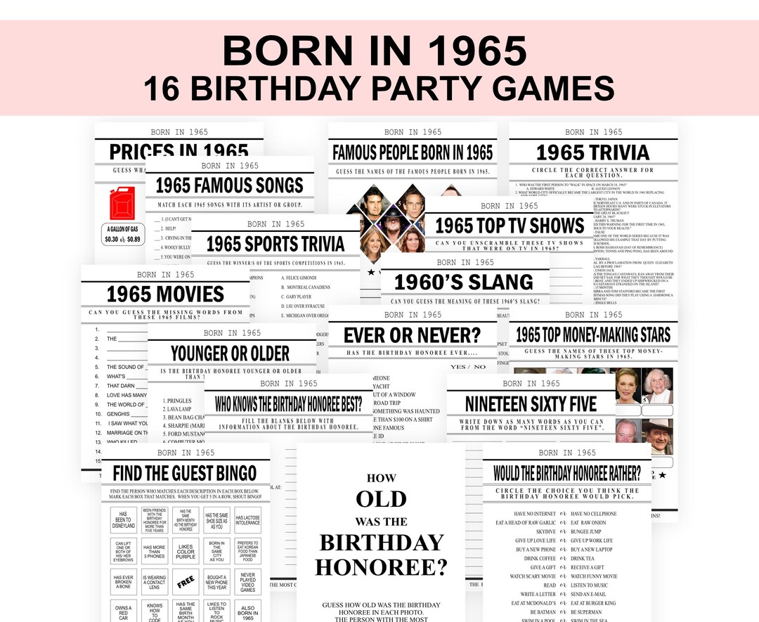 60th Birthday Games Born in 1965 Birthday Party Games Bundle 1965 ...