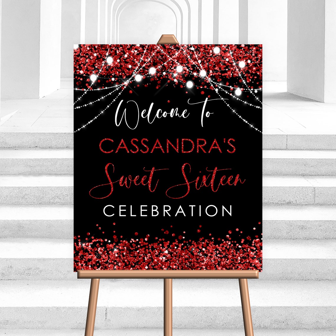Editable Red Black Welcome Sign Birthday Party Red Glitter Welcome Sign ...