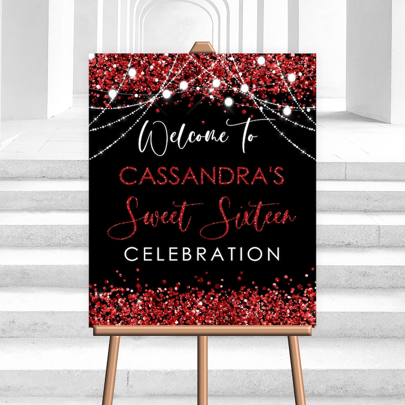 Editable Red Black Welcome Sign Birthday Party Red Glitter Welcome Sign ...