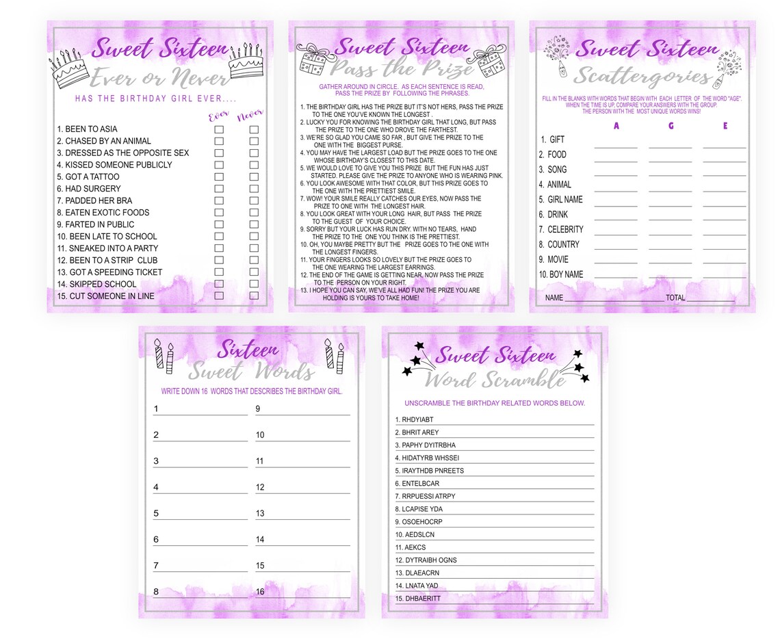 Purple 16th Birthday Party Games Sweet Sixteen Birthday Etsy