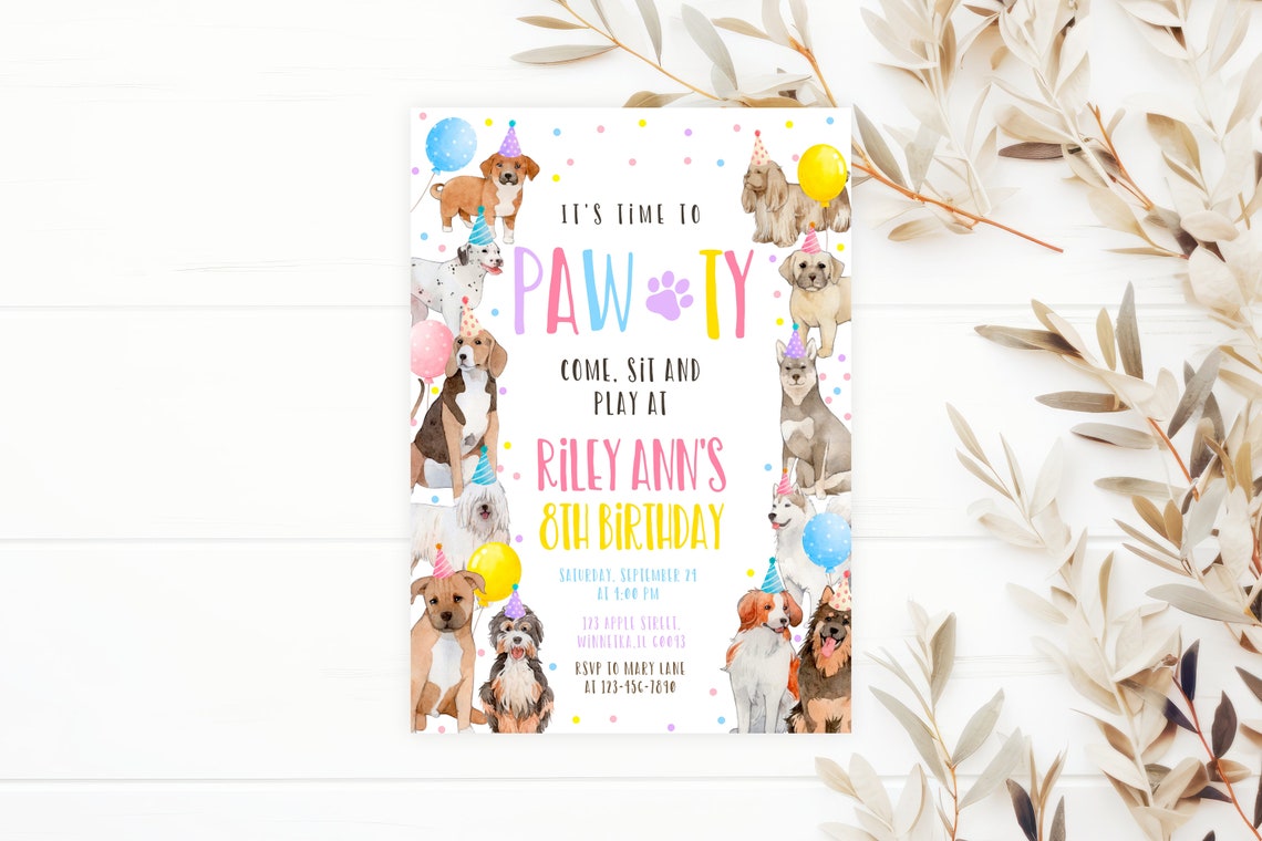 Editable Dogs Birthday Party Invitation Puppy Pawty Invite Dog Shelter ...