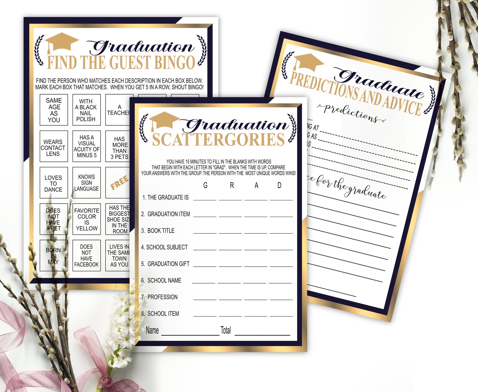 Dark Blue Gold Graduation Party Game Bundle Pack Printable - Etsy