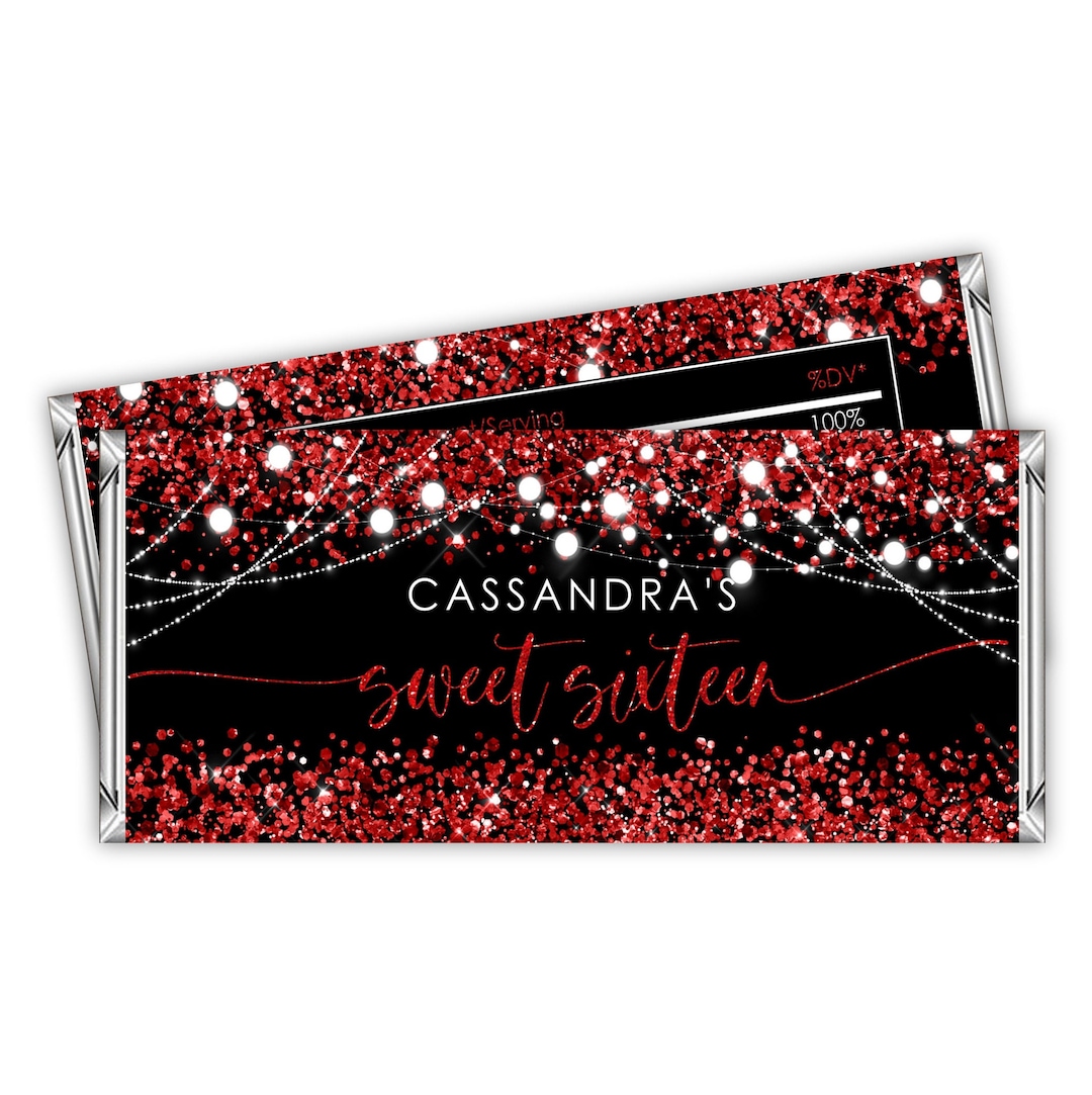 Editable Red Black Candy Bar Wrapper Label Sweet Sixteen Red Glitter ...