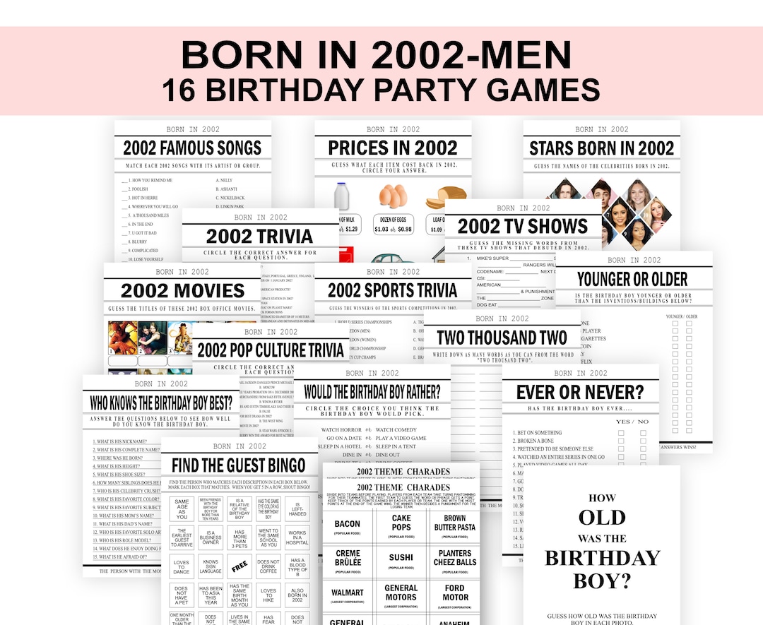 24th Birthday Party Games, Born in 2002 Game Bundle, 2002 Trivia Quiz ...
