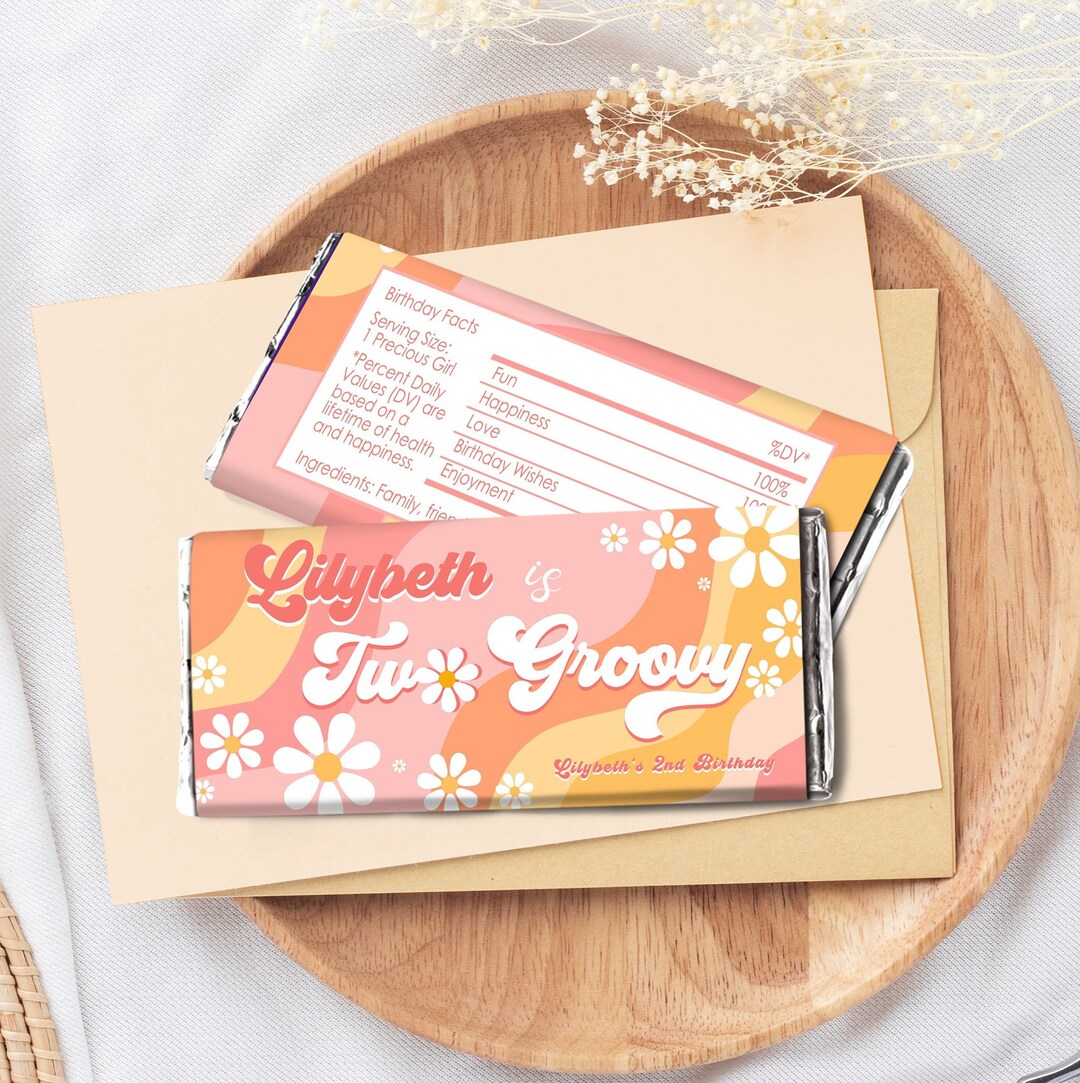 Editable Two Groovy Chocolate Bar Wrapper Label Daisy Orange Boho Retro ...