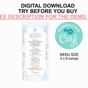 Editable Travel Menu Card Blue and Gold Adventure Awaits Menu Baby ...