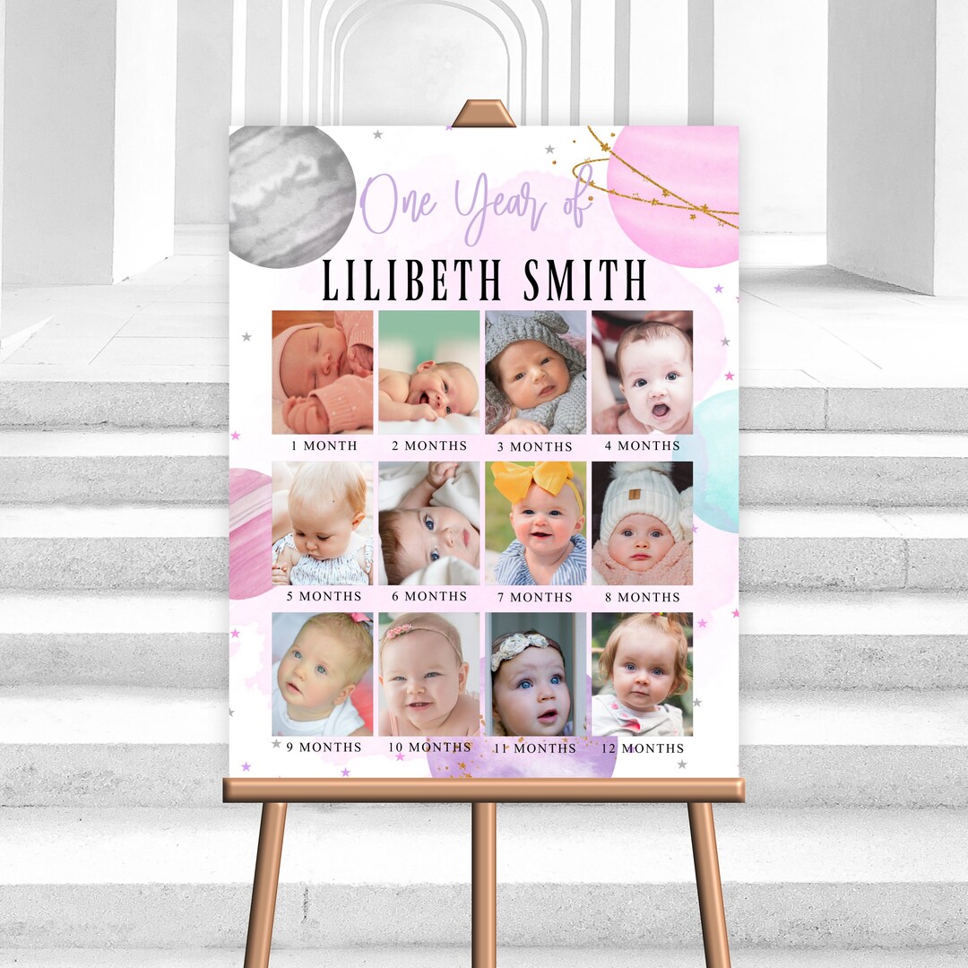 Editable Pink Space Baby's First Year Poster Milestone Galaxy Planet ...