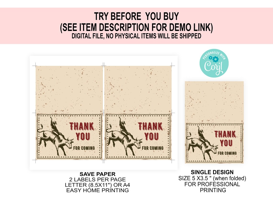 Editable Bull Rodeo Thank You Card Printable Cowboy Rustic Bull Theme ...