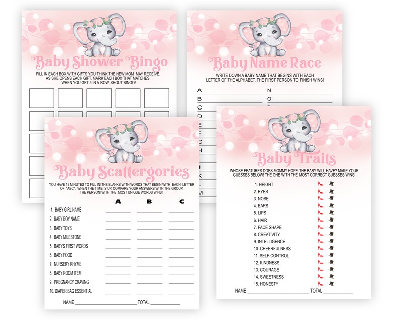 Pink Elephant Theme Baby Shower Game Bundle Pack, Pink Elephant ...