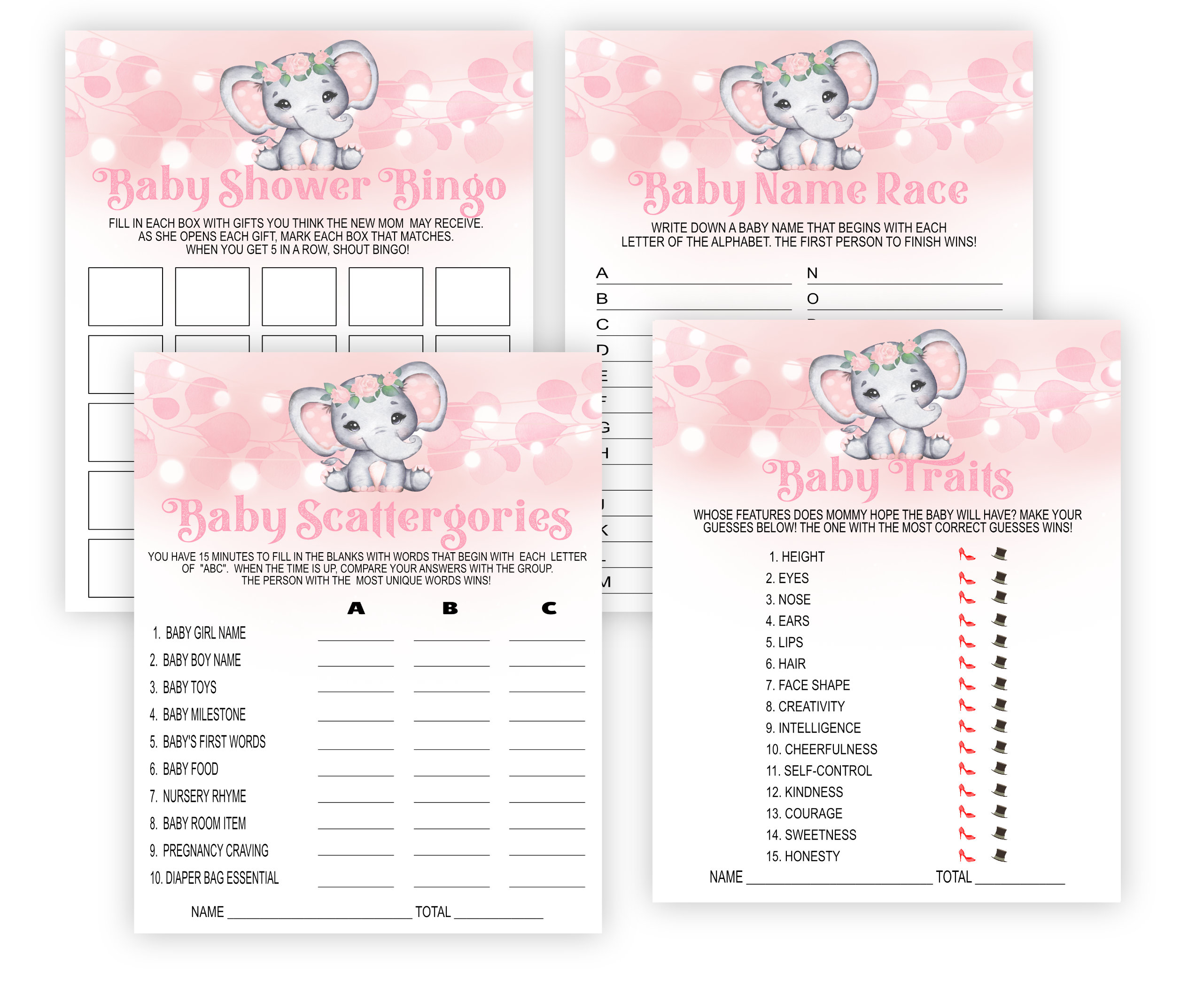 Pink Elephant Theme Baby Shower Game Bundle Pack Pink | Etsy