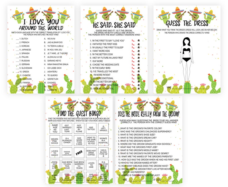 Fiesta Theme Bridal Shower Game Bundle Pack Fiesta Cactus - Etsy