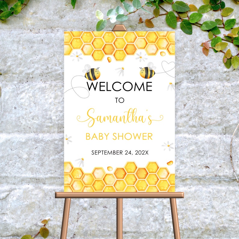 Editable Bee Welcome Sign Honeycomb Daisy Baby Shower Welcome Sign ...