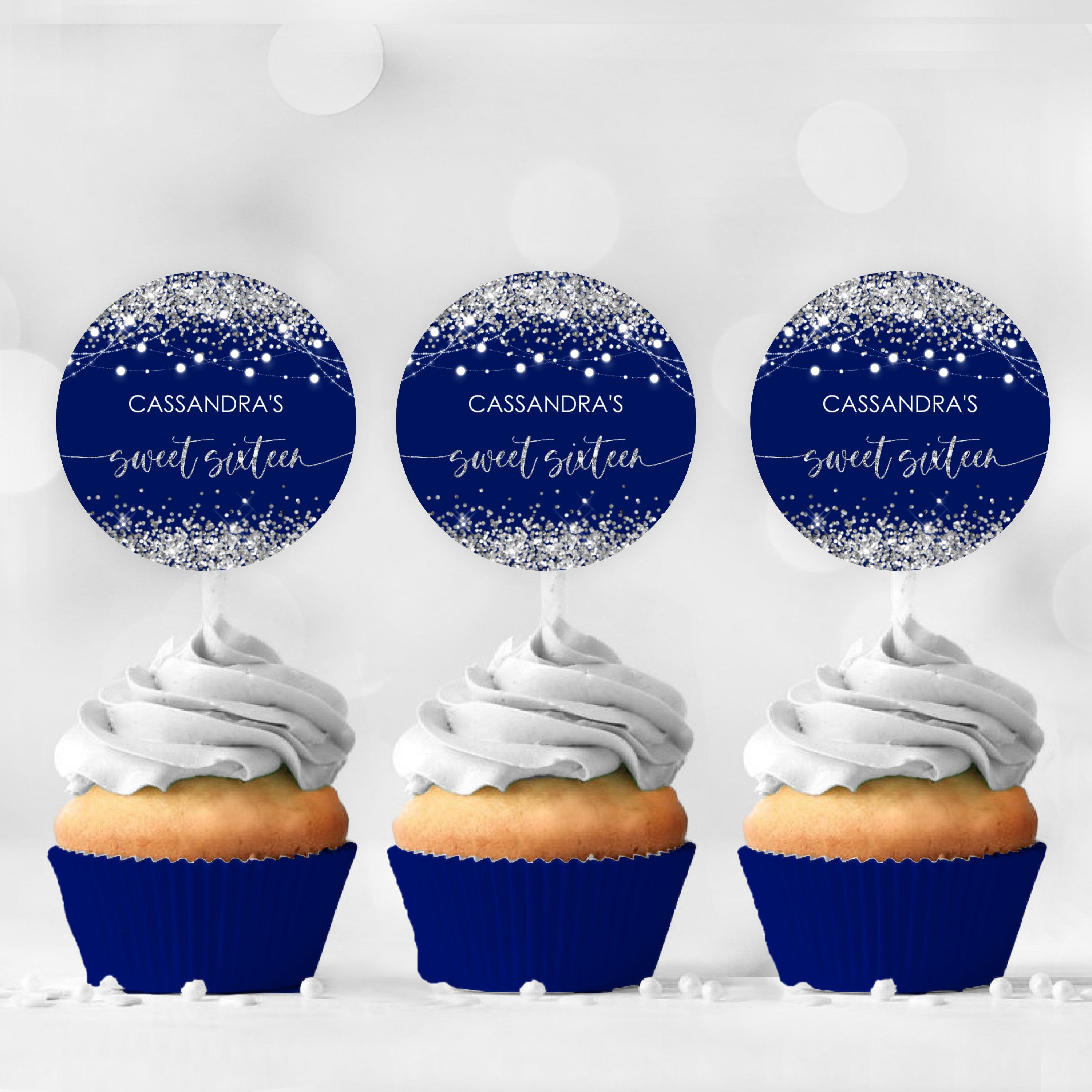 Editable Sweet Sixteen Blue Silver Cupcake Toppers Birthday Favor Tags ...