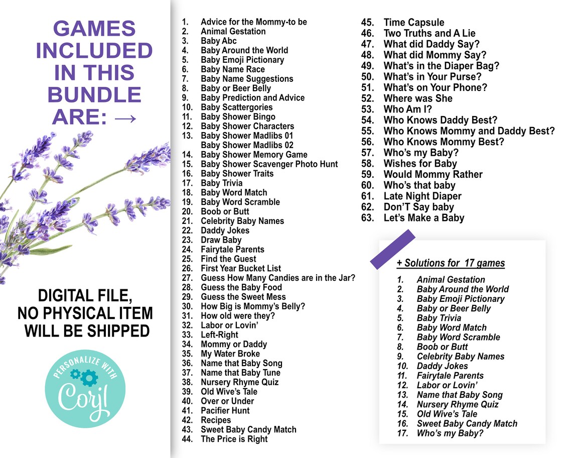 Editable Lavender Baby Shower Games Bundle Violet Purple Flower Baby ...