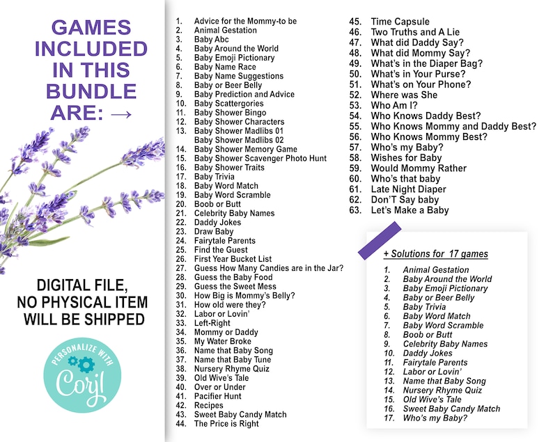 Editable Lavender Baby Shower Games Bundle Violet Purple Flower Baby ...