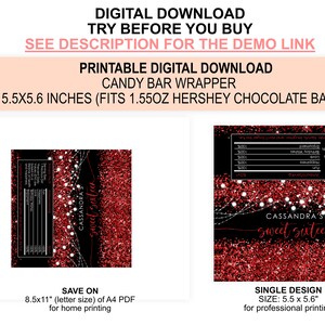Editable Red Black Candy Bar Wrapper Label Sweet Sixteen Red Glitter ...