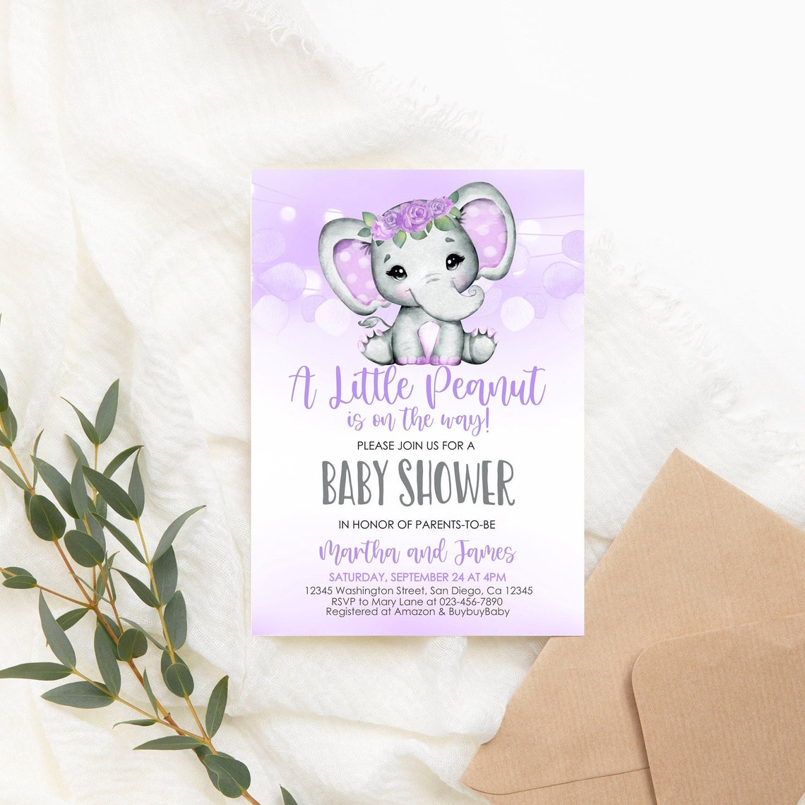 Editable Purple Elephant Baby Shower Invitation Violet - Etsy