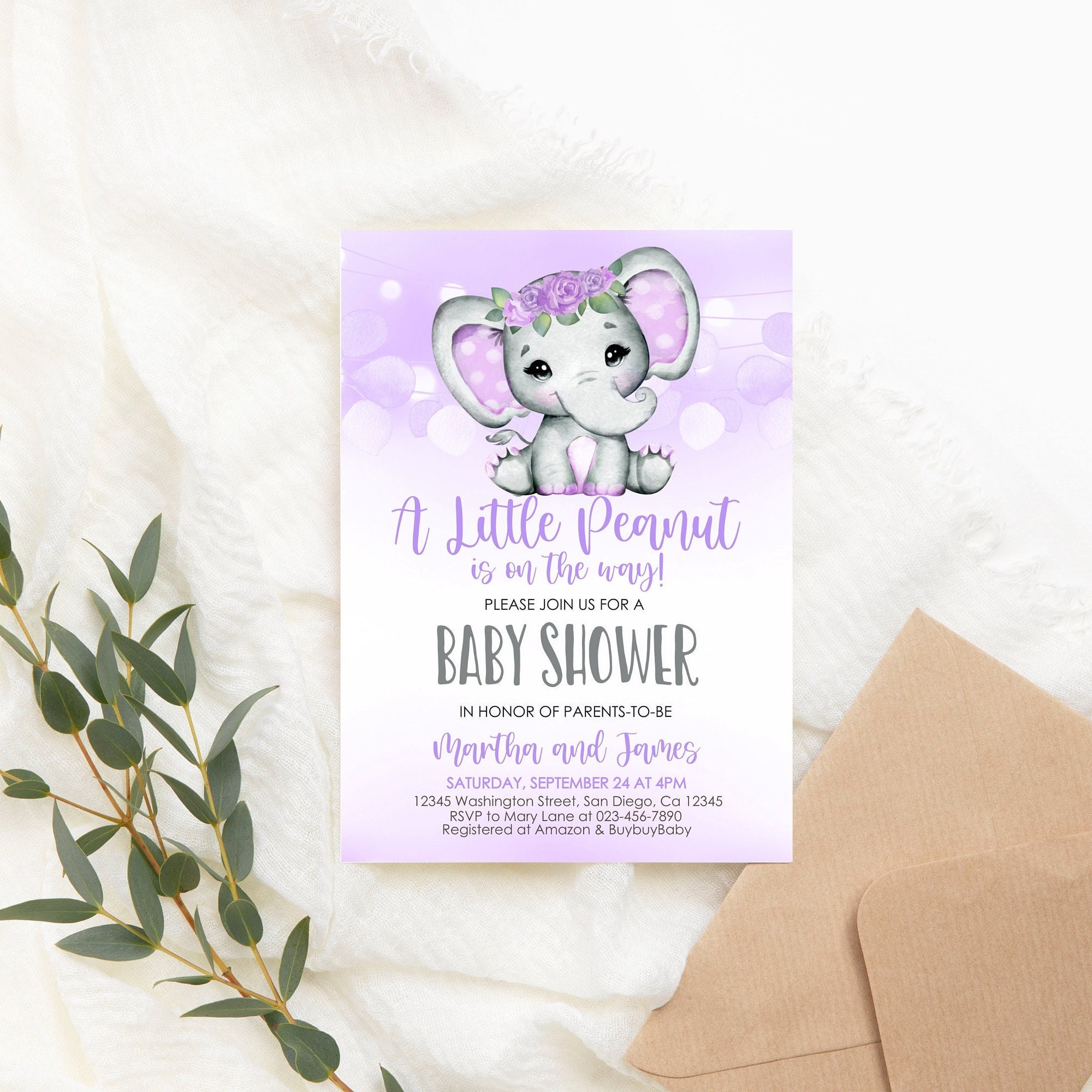 Editable Purple Elephant Baby Shower Invitation Violet - Etsy