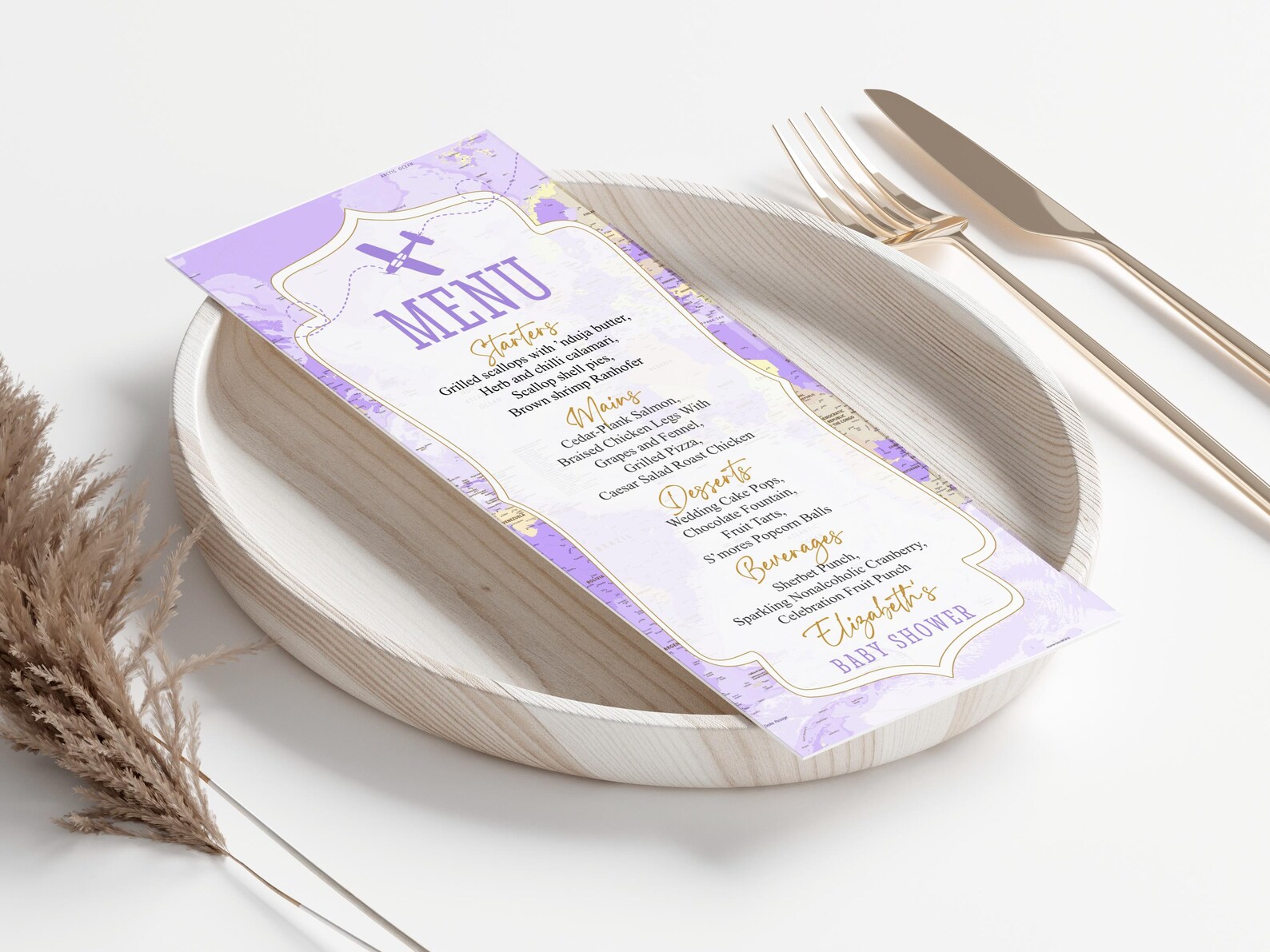 Editable Travel Menu Card Purple Map Adventure Awaits Menu Baby Shower ...