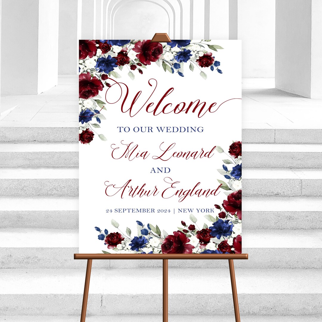 Editable Burgundy Navy Welcome Sign Floral Blue Deep Red Wedding ...