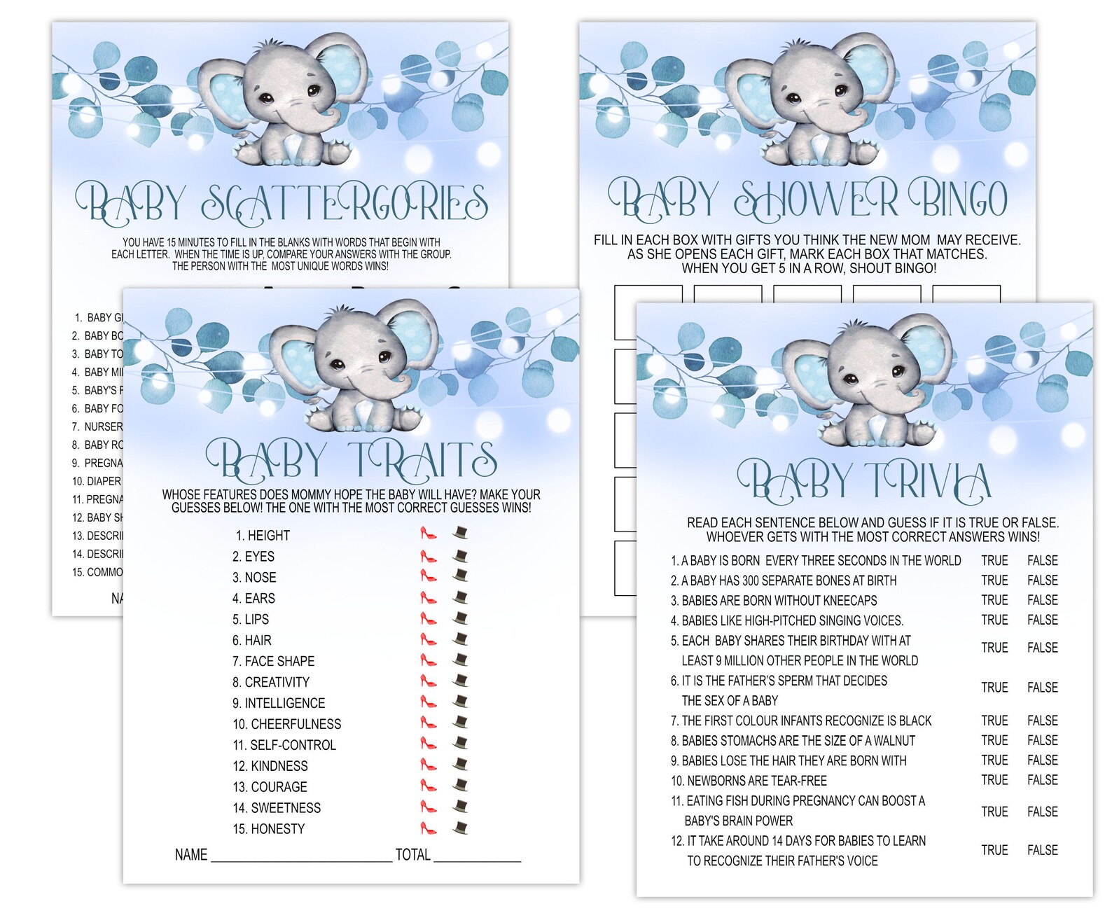 Boy Elephant Baby Shower Games Blue Elephant Baby Shower | Etsy