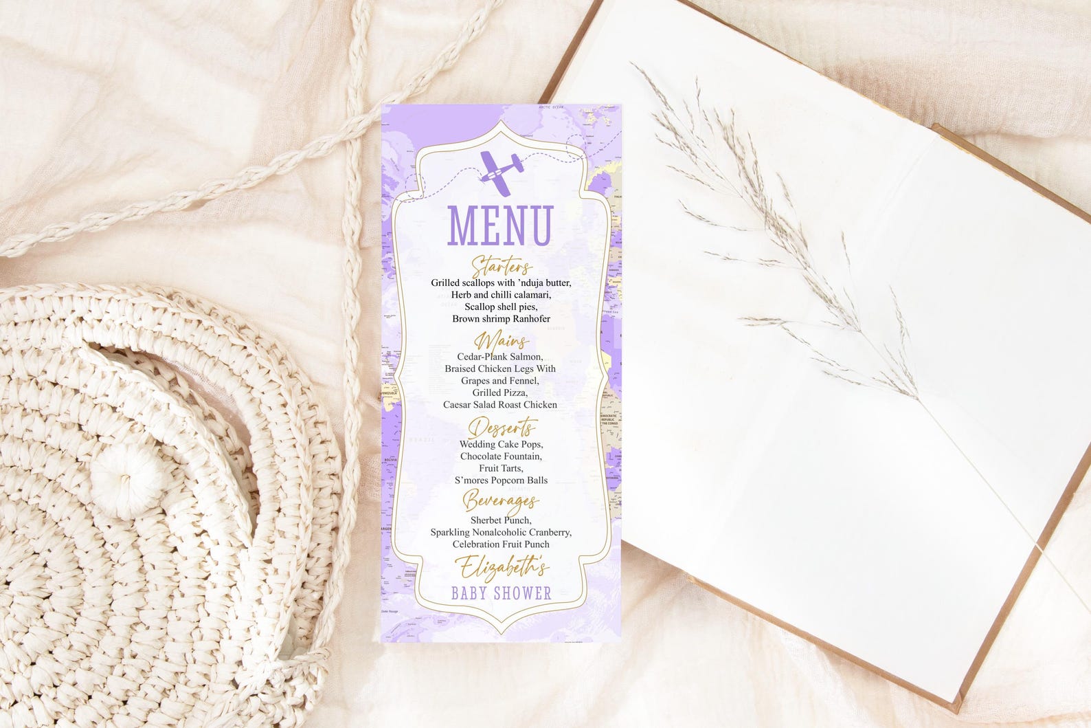 Editable Travel Menu Card Purple Map Adventure Awaits Menu Baby Shower ...
