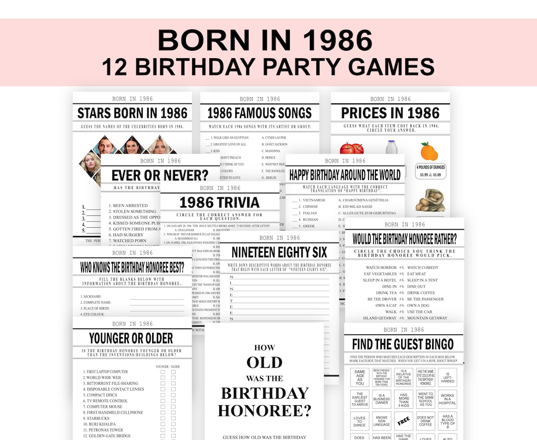 39th Birthday Party Games Born in 1986 Birthday Games Bundle 1986 Trivia Fun 39th Birthday Party ...