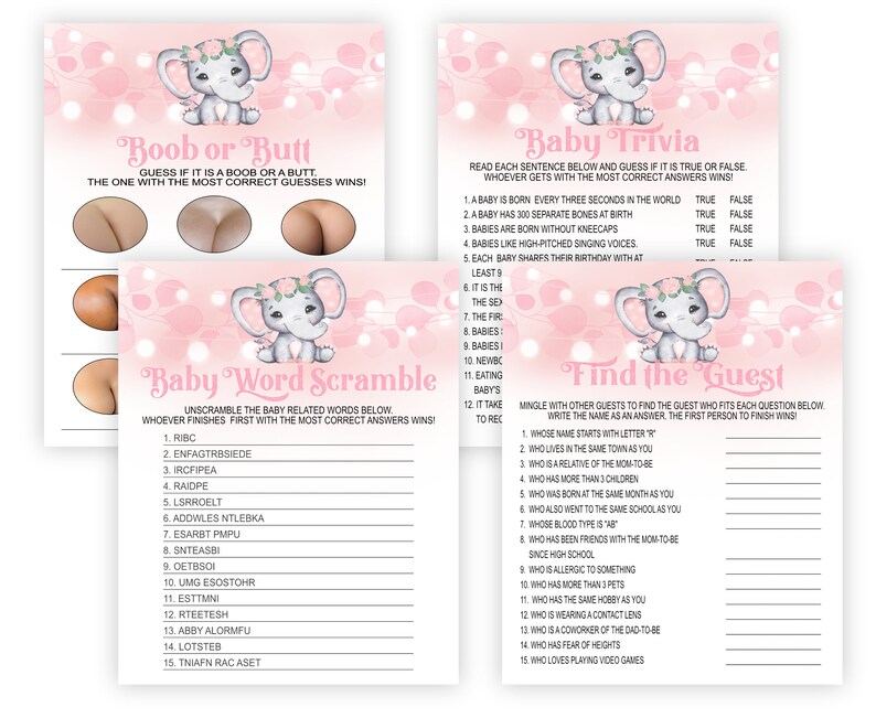 Pink Elephant Theme Baby Shower Game Bundle Pack, Pink Elephant ...