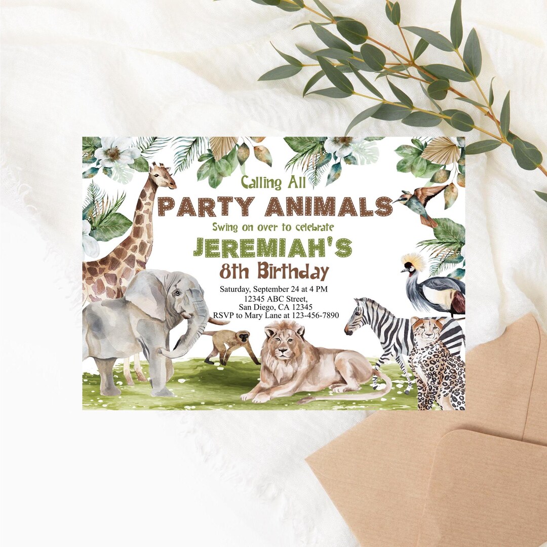 Editable Party Animals Birthday Invitation Kids Jungle Wild One Animals ...