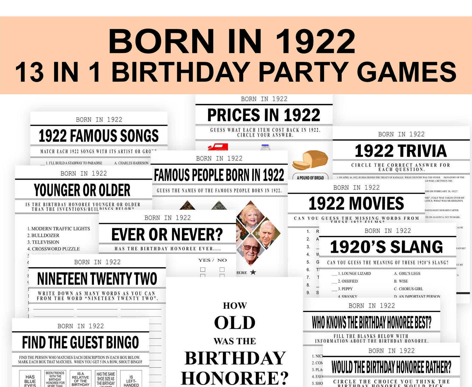 Born in 1922 Games Bundle 1922 Trivia Fun 100th Birthday - Etsy